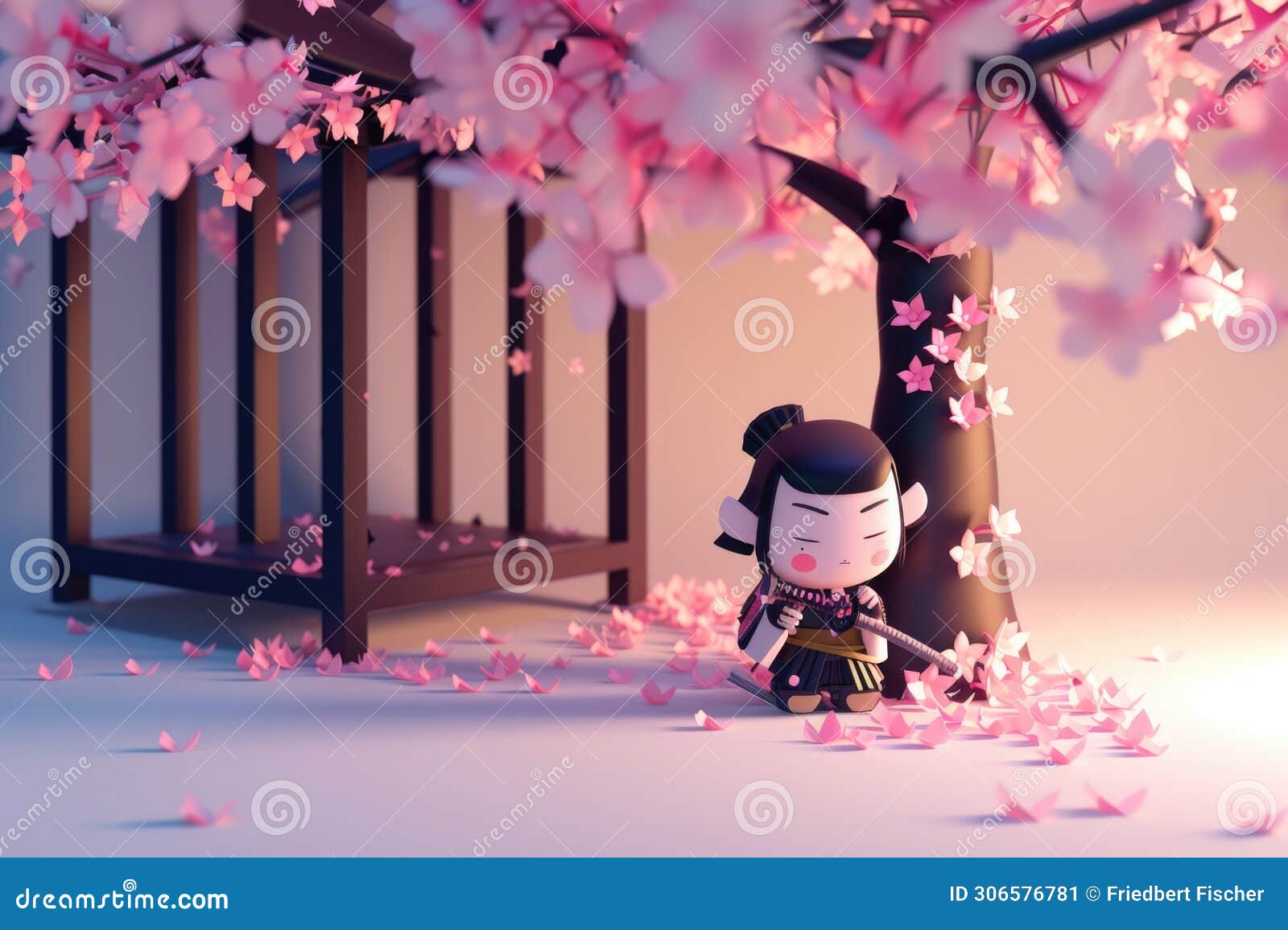 A Small Figurine of Japanese Samurai Sitting Under a Sakura Tree with ...
