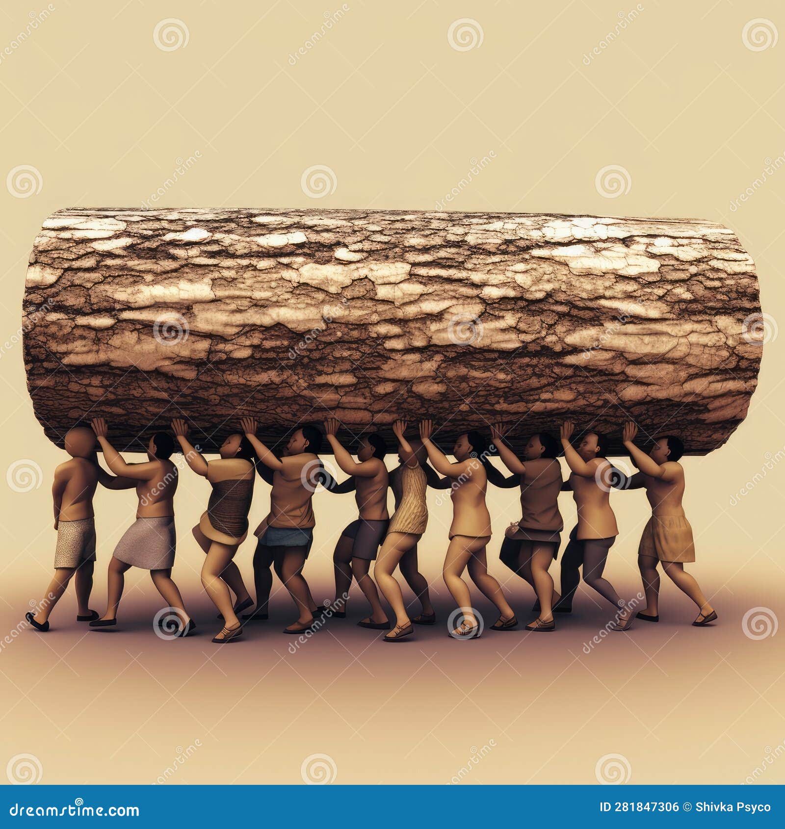 Small Figuring People Carrying A Big Log Together On White Background ...
