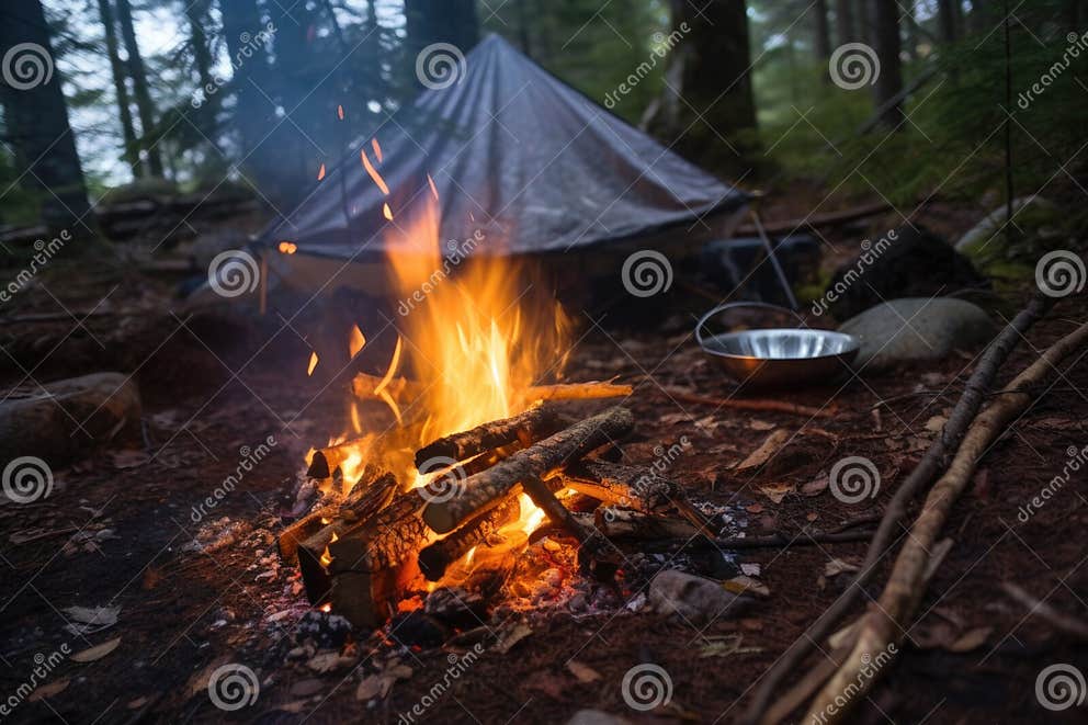 A Small Fire Burning in an Improvised Campsite Stock Photo - Image of ...