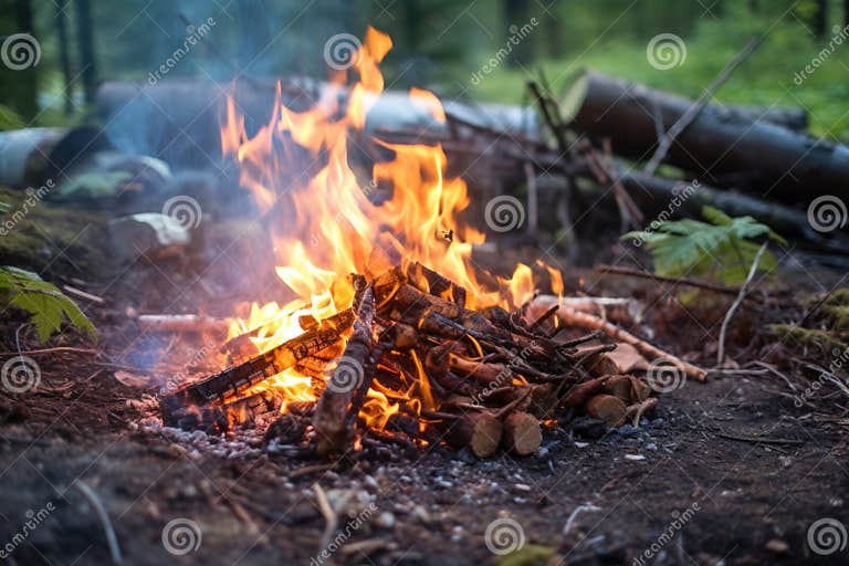 A Small Fire Burning in an Improvised Campsite Stock Photo - Image of ...