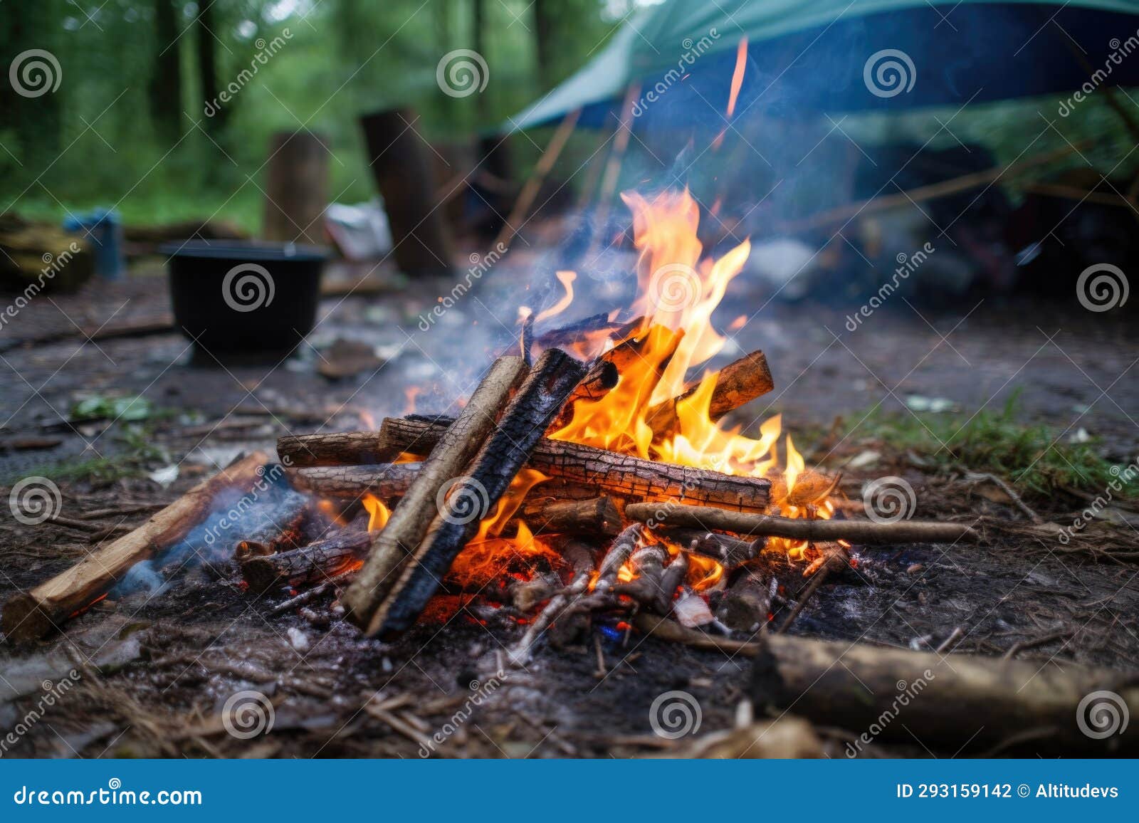 A Small Fire Burning in an Improvised Campsite Stock Illustration ...