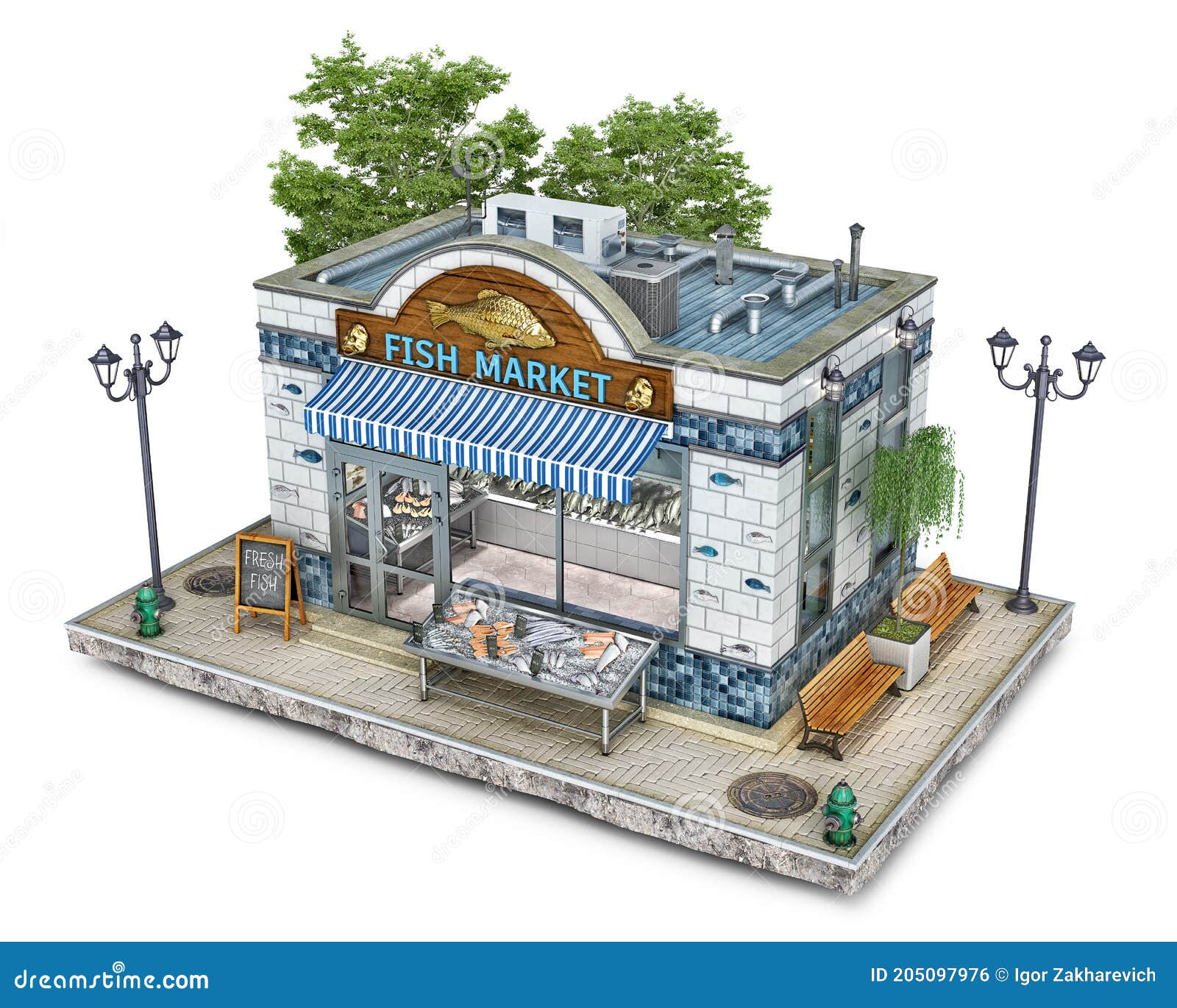 Small Fish Market Building in Blue and White Tones Stock Illustration ...