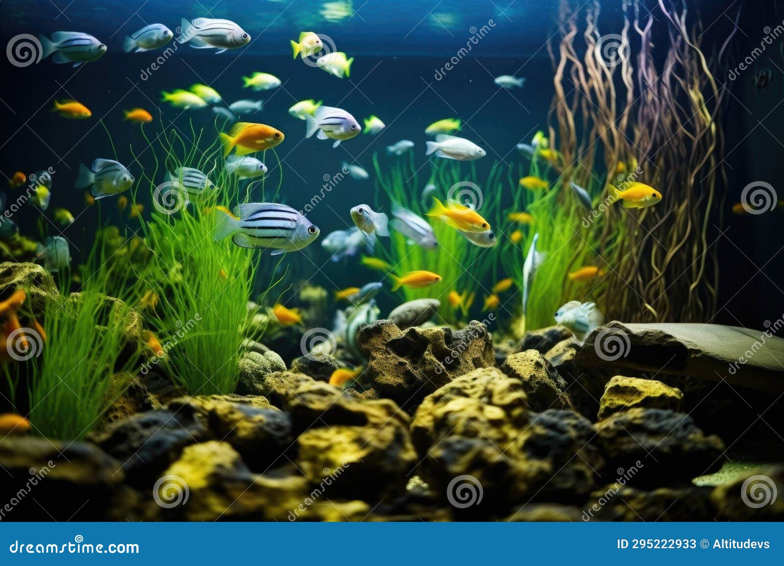 Small Fish Swimming in a Large Home Aquarium Stock Image - Image of ...