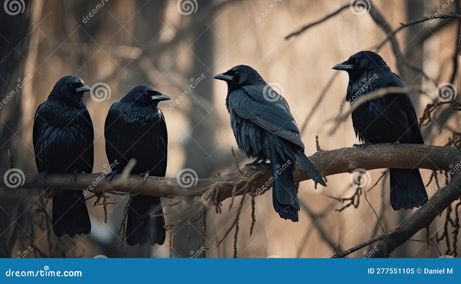 A Small Flock of Crows Resting on a Tree Branch in the Park. Stock ...