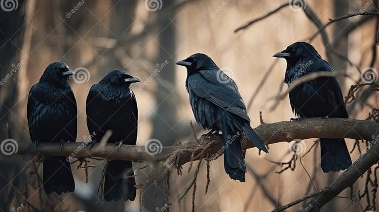 A Small Flock of Crows Resting on a Tree Branch in the Park. Stock Illustration - Illustration ...
