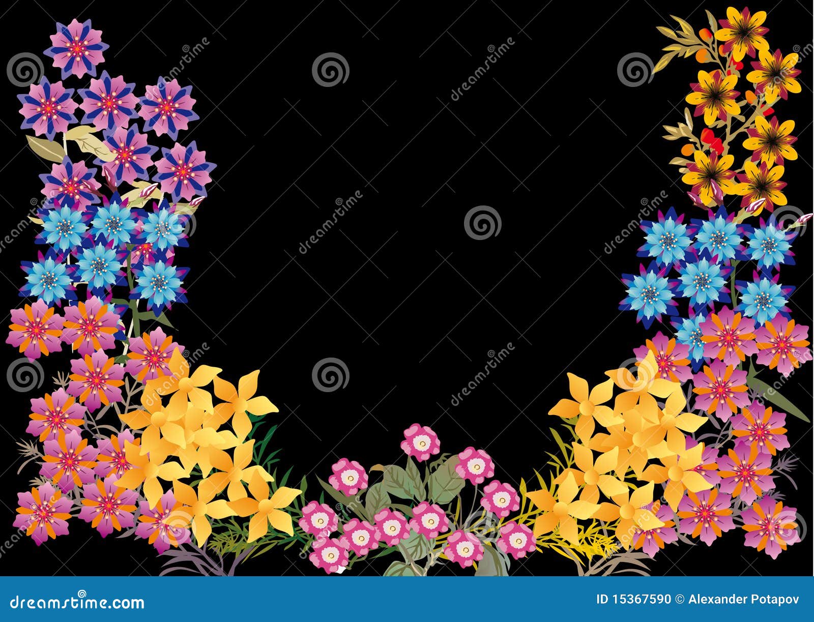 Small Flowers Half Frame Isolated on Black Stock Vector - Illustration ...