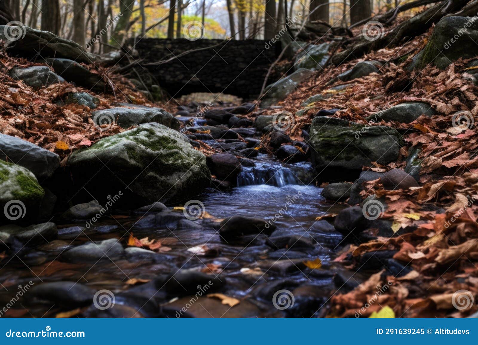 A Small Forest Creek Running Over Stones Covered by Fallen Leaves Stock ...