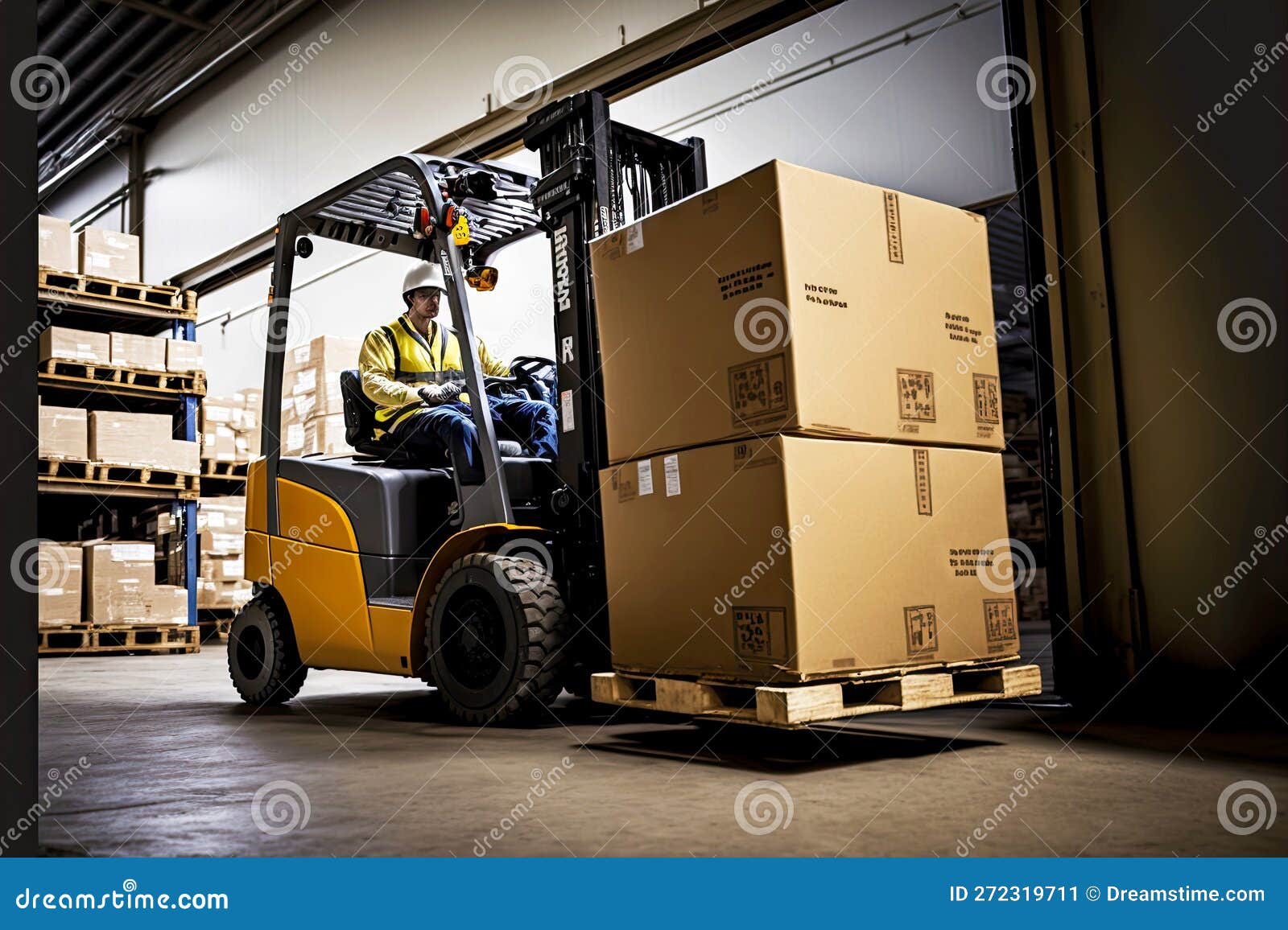 Small Forklift Carrying Boxes through Large Warehouse Stock ...