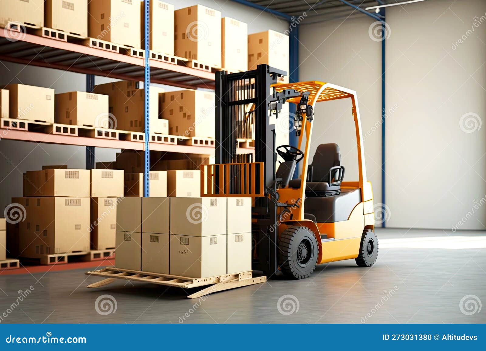 Small Forklift Carrying Boxes through Large Warehouse Stock ...