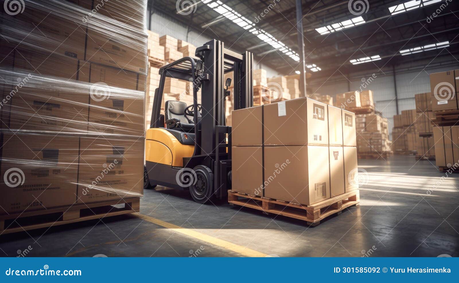 A Small Forklift on a Huge Warehouse Transports Pallets with Boxes ...