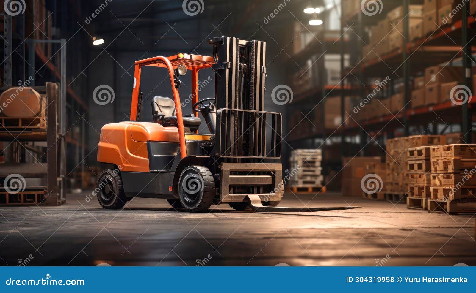 A Small Forklift on a Huge Warehouse Transports Pallets with Boxes ...