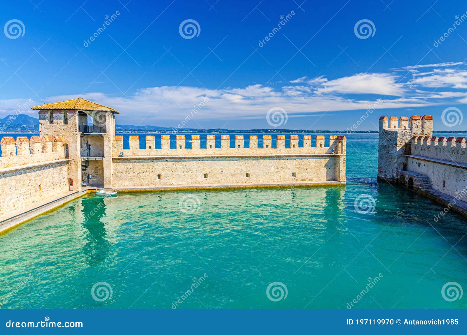 Small Fortified Harbor with Turquoise Water, Scaligero Castle Castello ... Small Fortified Harbor with Turquoise Water, Scaligero Castle Castello ...