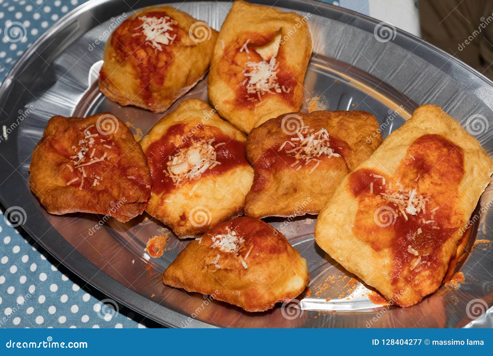 Small fried pizzas stock image. Image of bread, cheeese - 128404277