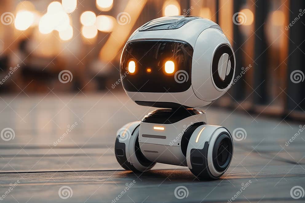 Small, Friendly-looking Robot Navigating a City Nightscape, Embodying ...