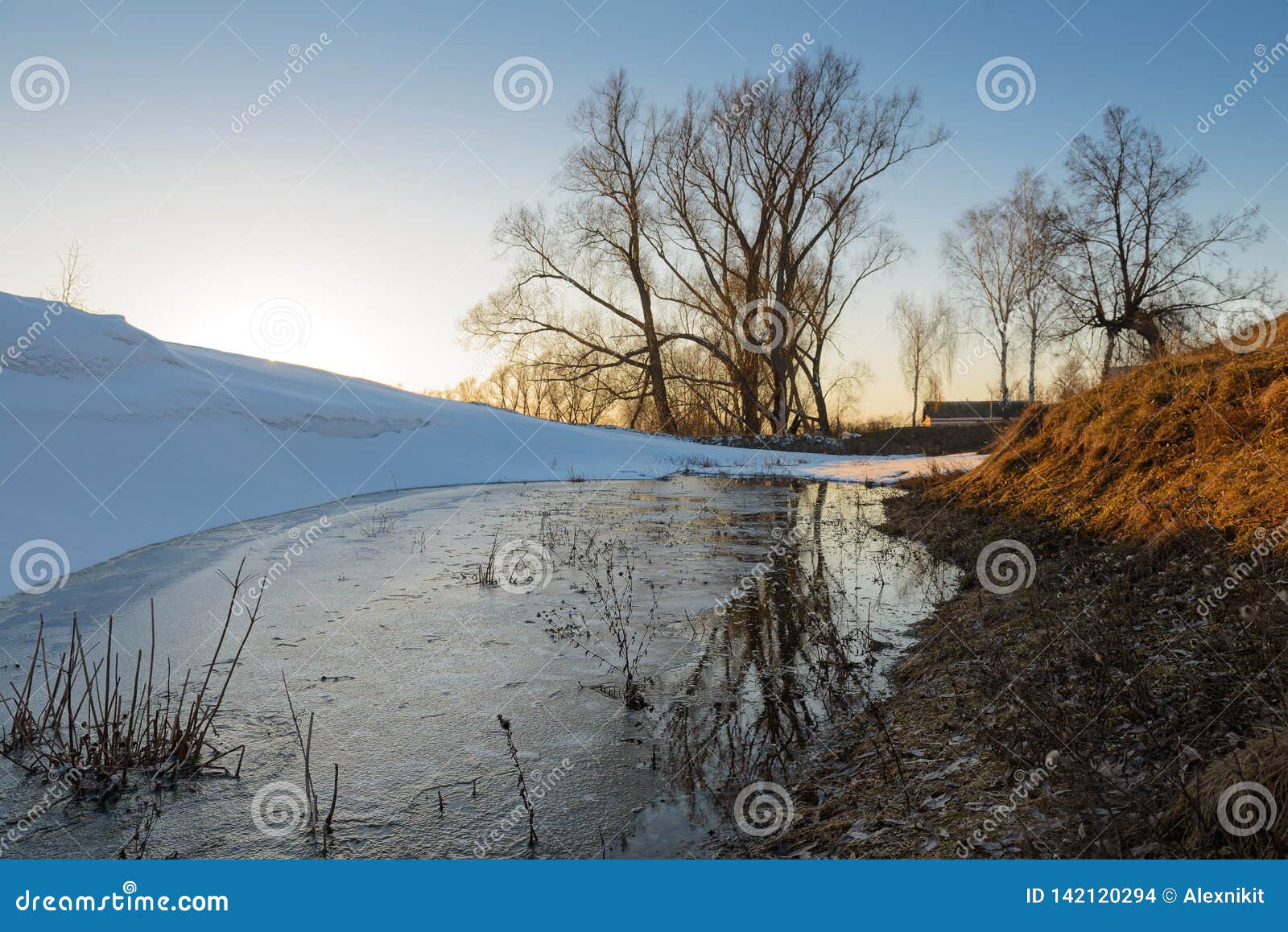 A Small Frozen Pond in a Ravine in the Spring Evening Stock Photo ...