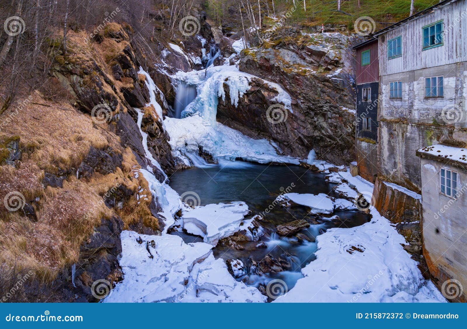 A Small Frozen Waterfall on the Ula River in the Town of Otta Stock ...