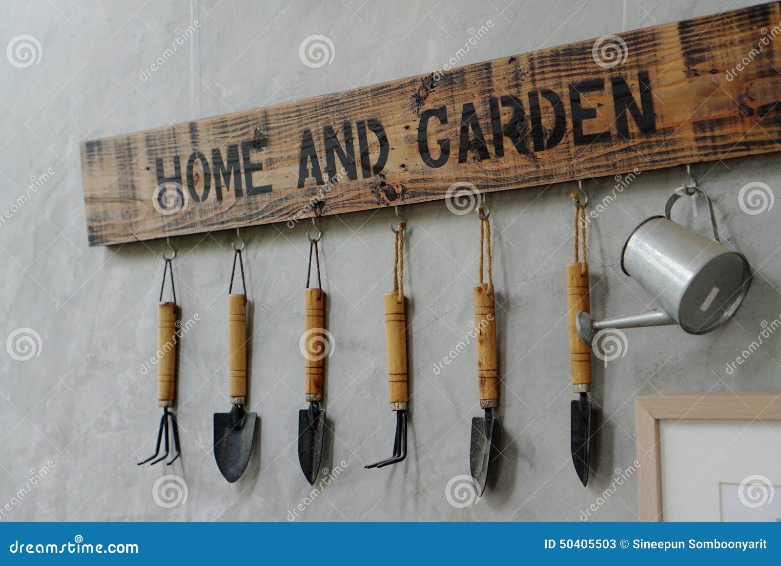 Small Garden Tools Hanging on the Wall Stock Image - Image of concrete ...