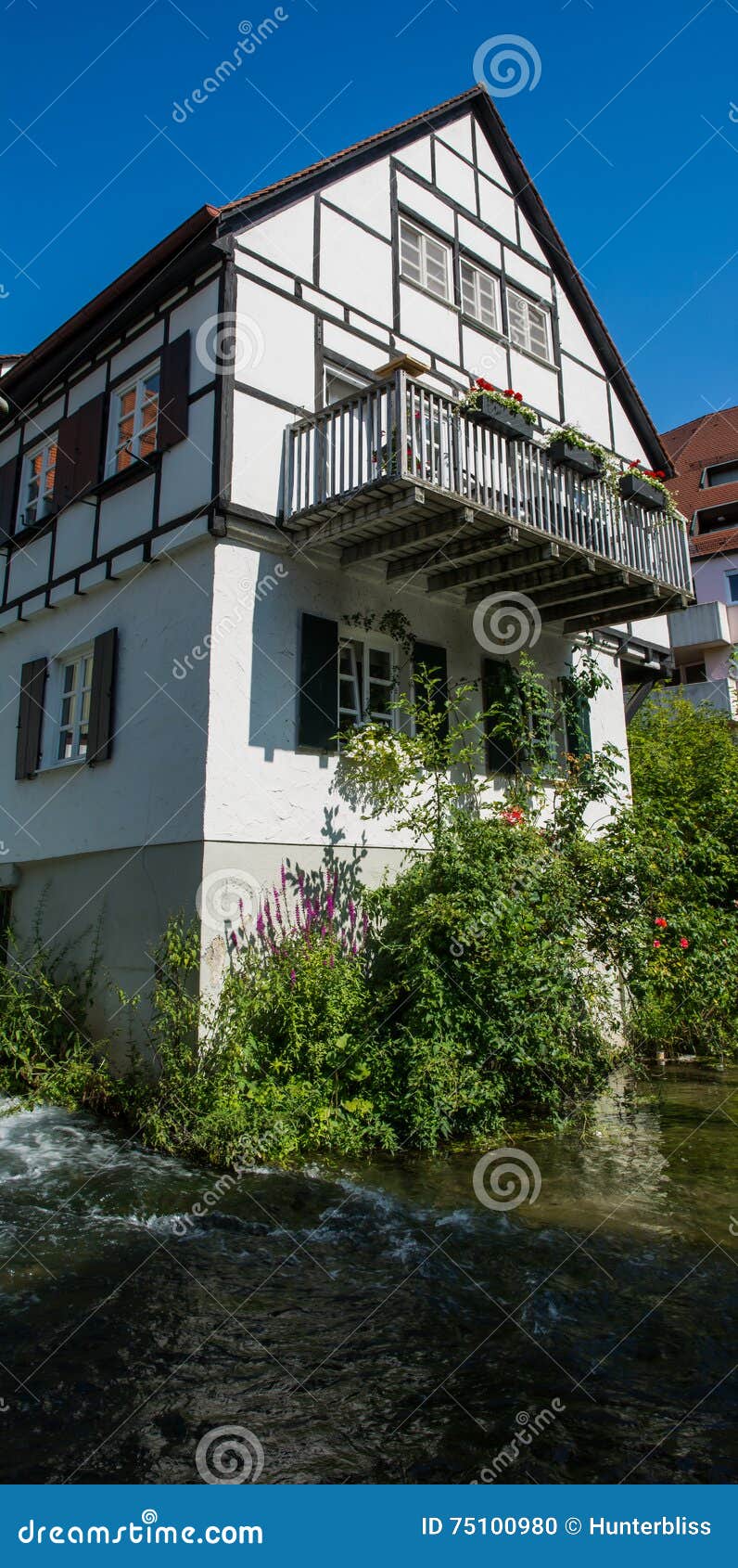 Small German Cottage with Balcony on River Ulm Stock Photo - Image of ...