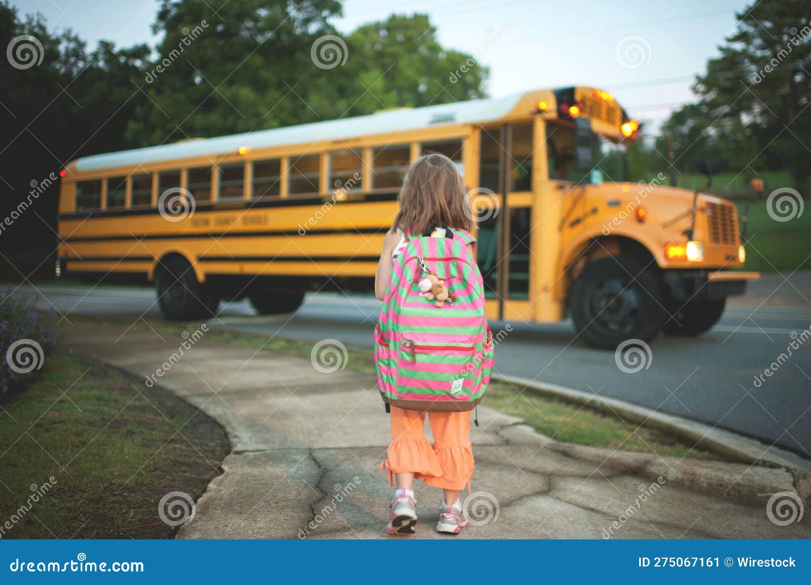 First Day of School at the Bus with a Backpack Stock Image - Image of ...