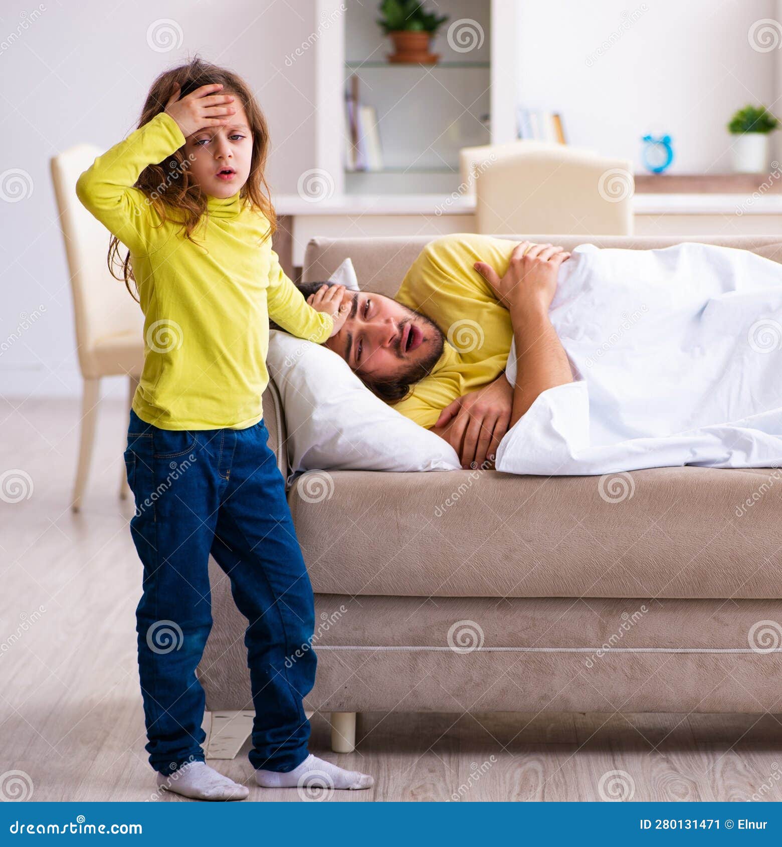 Small Girl Looking after Her Sick Father Stock Image - Image of cold ...