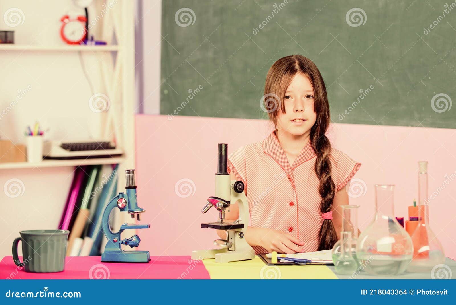 Small Girl with Microscope. Scientific Experiment. Fascinating Lesson ...