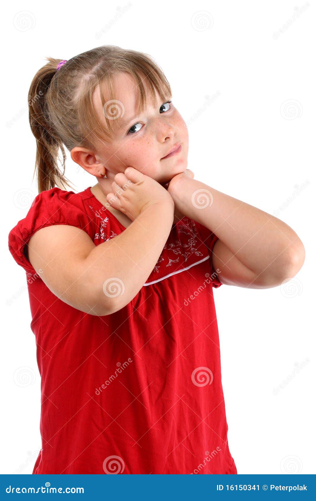Small Girl Touching Her Neck Isolated on White Stock Image - Image of ...