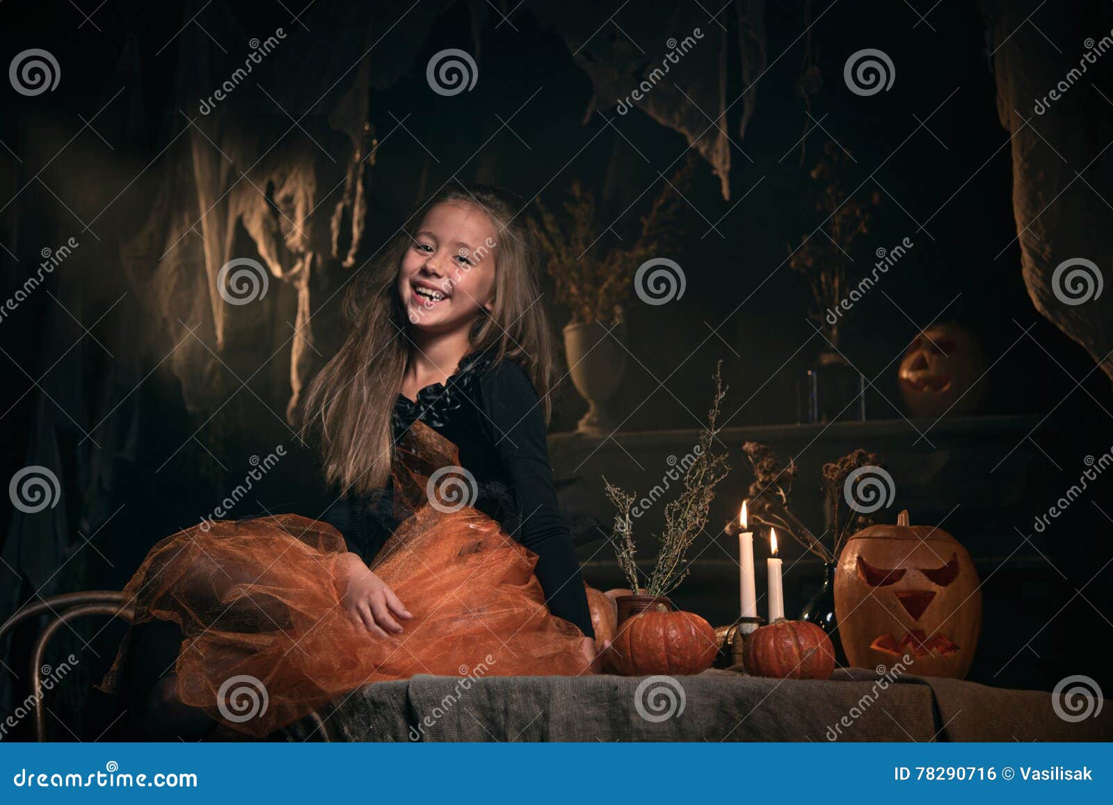 Small Girl in Witch Costume Sit on the Table Stock Photo - Image of ...