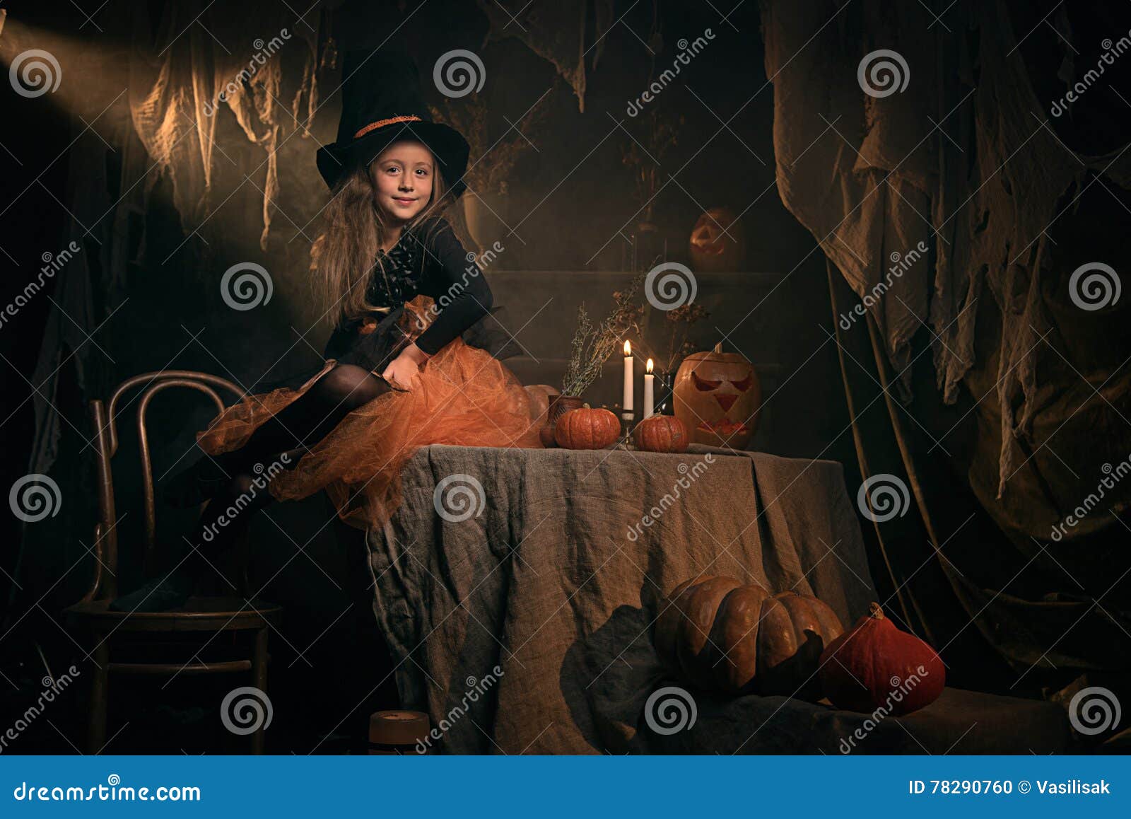 Small Girl in Witch Costume Sit on the Table Stock Photo - Image of ...