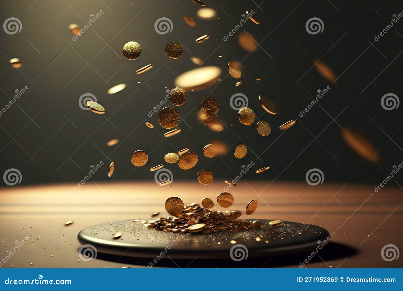 Small Gold Coins Falling and Bouncing Off Surface of Table Stock ...