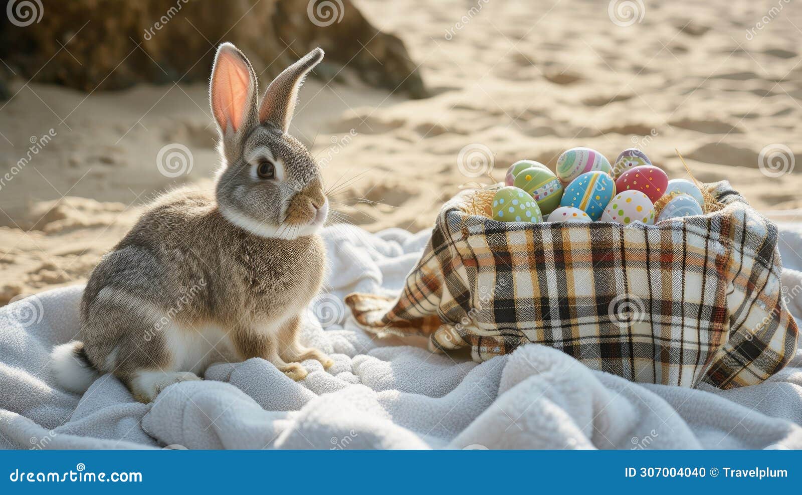 A Small Gray Easter Bunny Sits on a Blanket on a Sandy Ocean Shore with ...