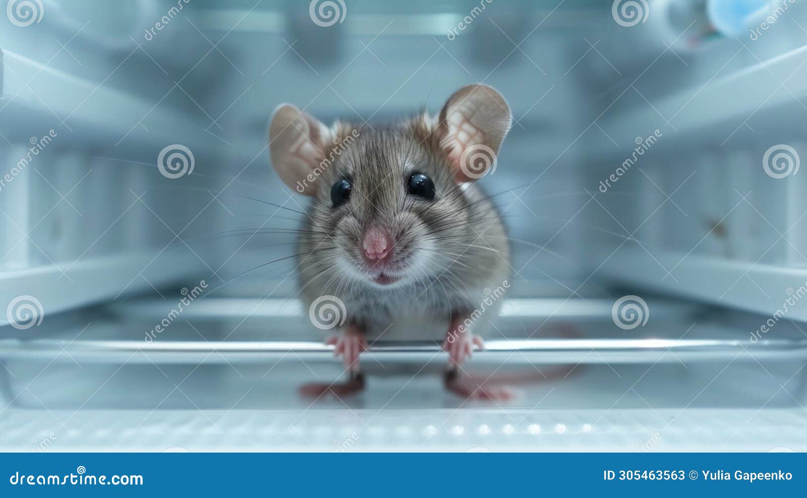 A Small Gray Mouse with Big Eyes Sits on an Empty Refrigerator Shelf ...