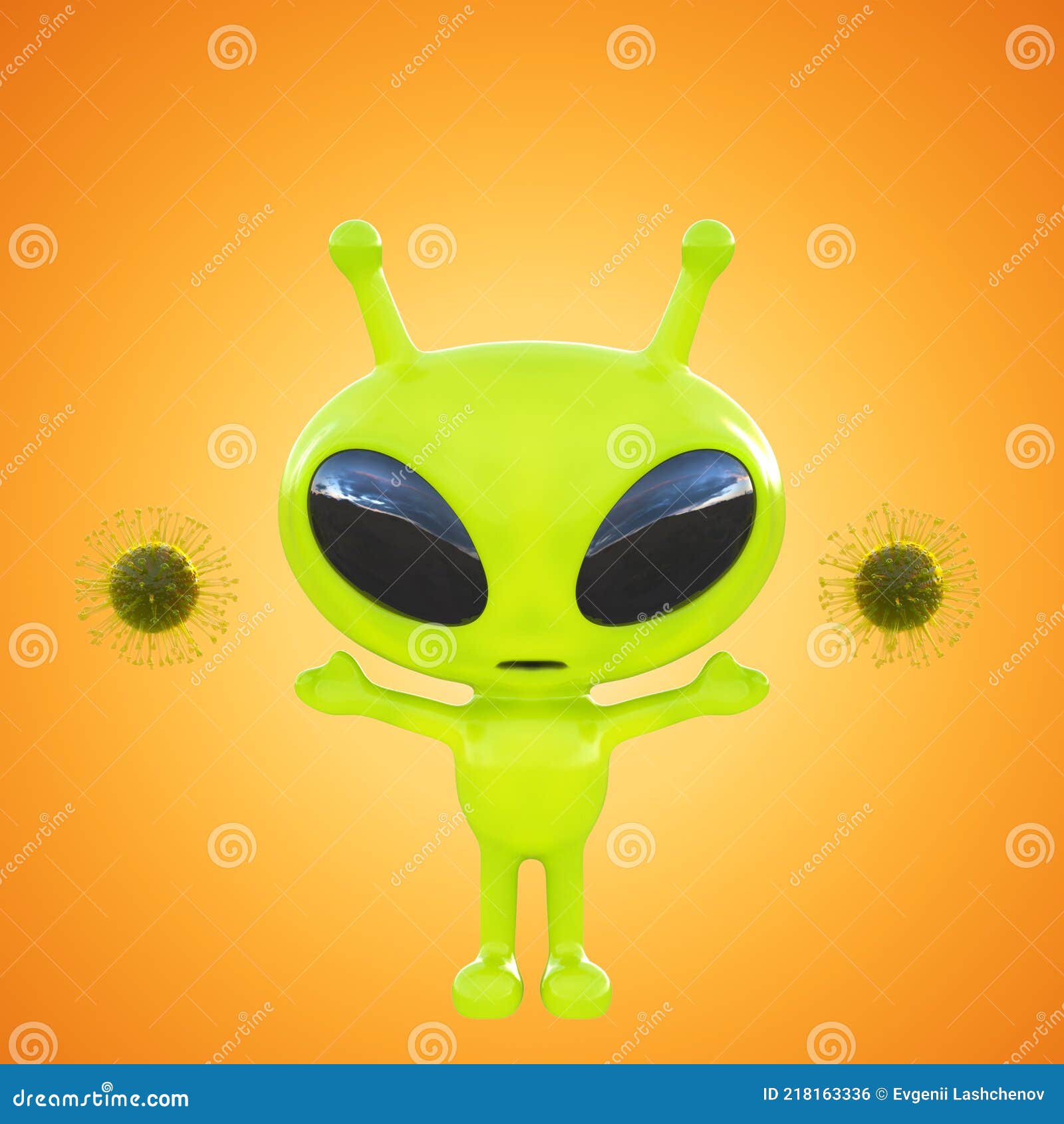Small Green Alien in the Middle of the Coronavirus Bacteria on an ...