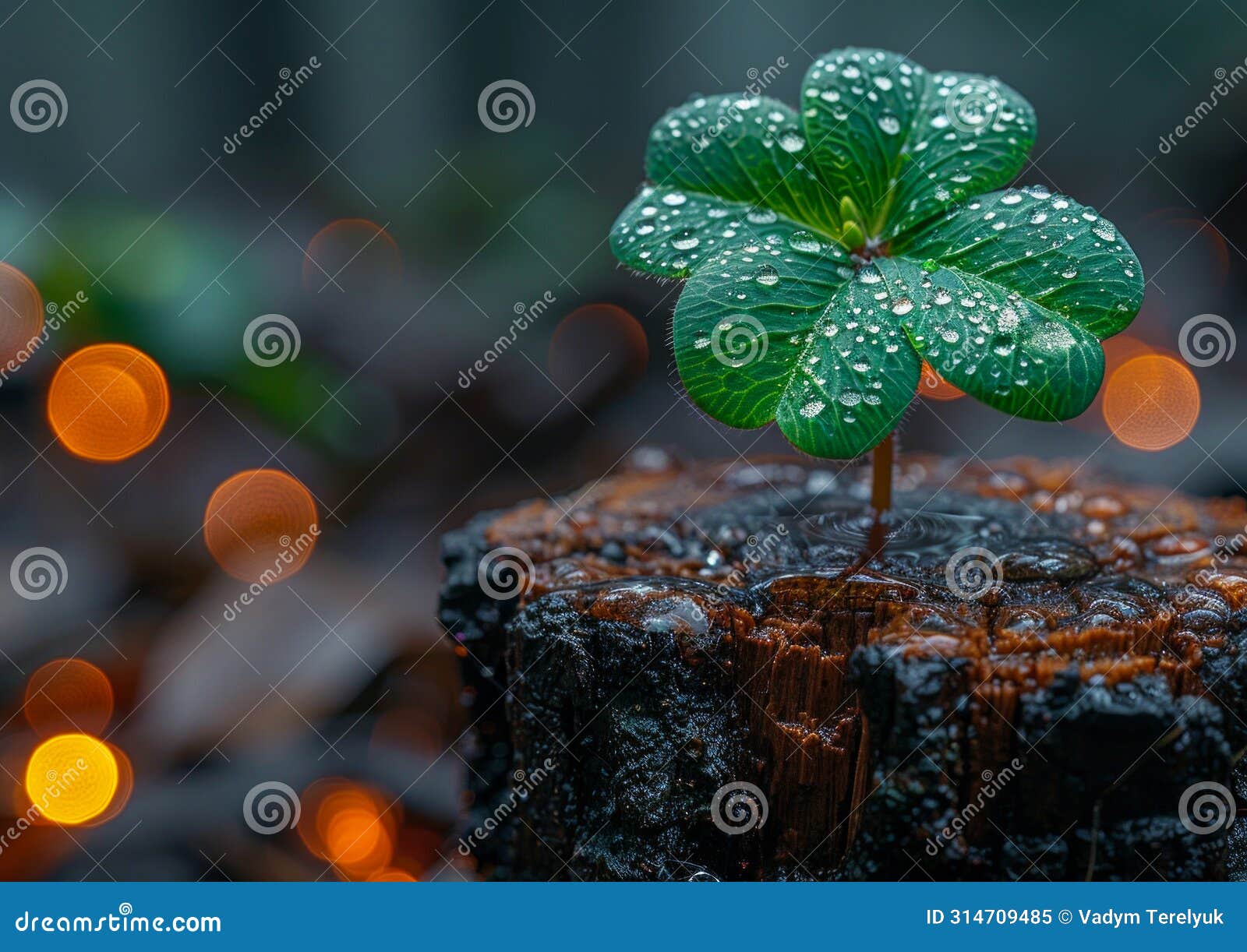 Small Green Four Leaf Clover Grows from Stump with Bokeh Lights in the ...