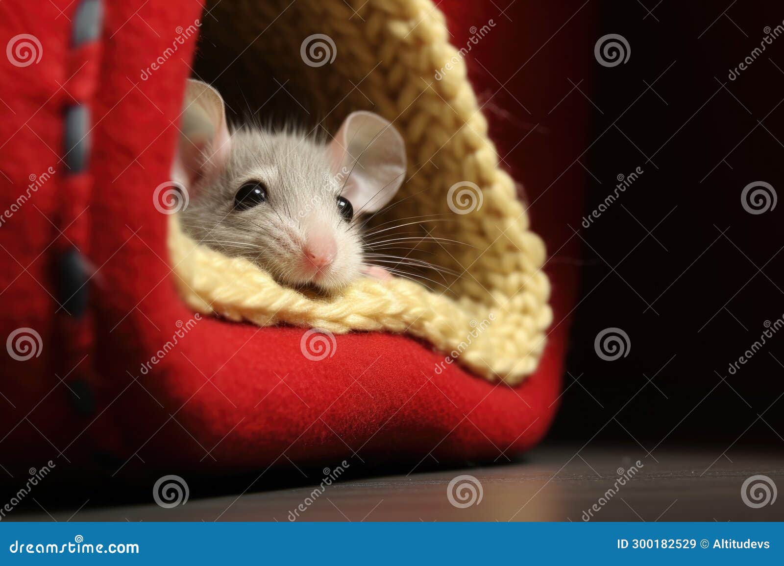 A Small Grey Mouse Peeking Out from a Red Woolen Slipper Stock Image ...