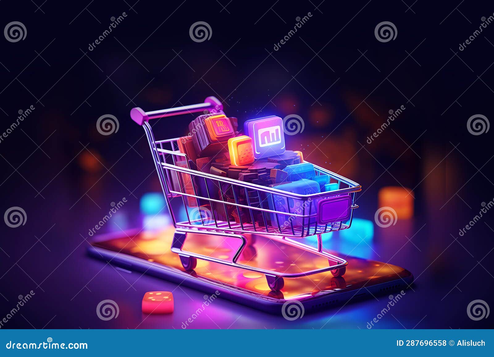 A Small Grocery Basket with Glowing Items in it in Neon Light. Shopping ...