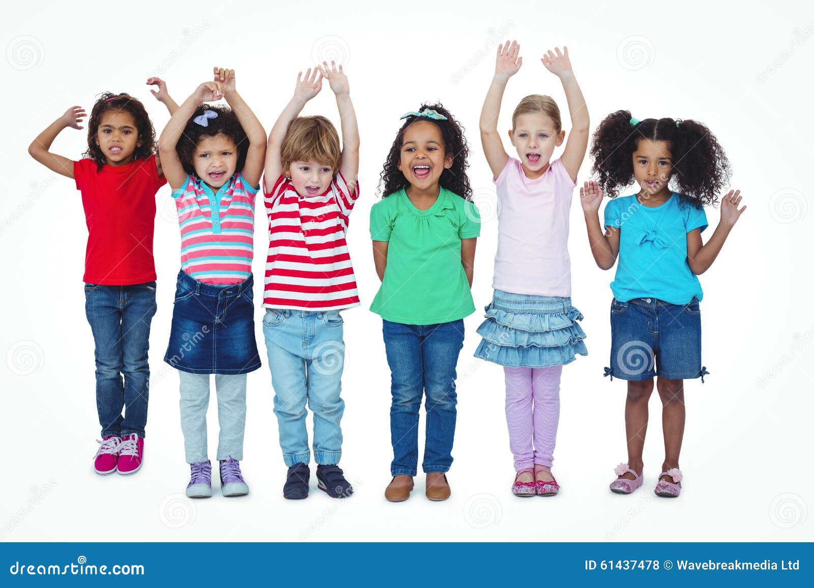 Small Group of Kids Standing Together with Arms Raised Stock Photo ...