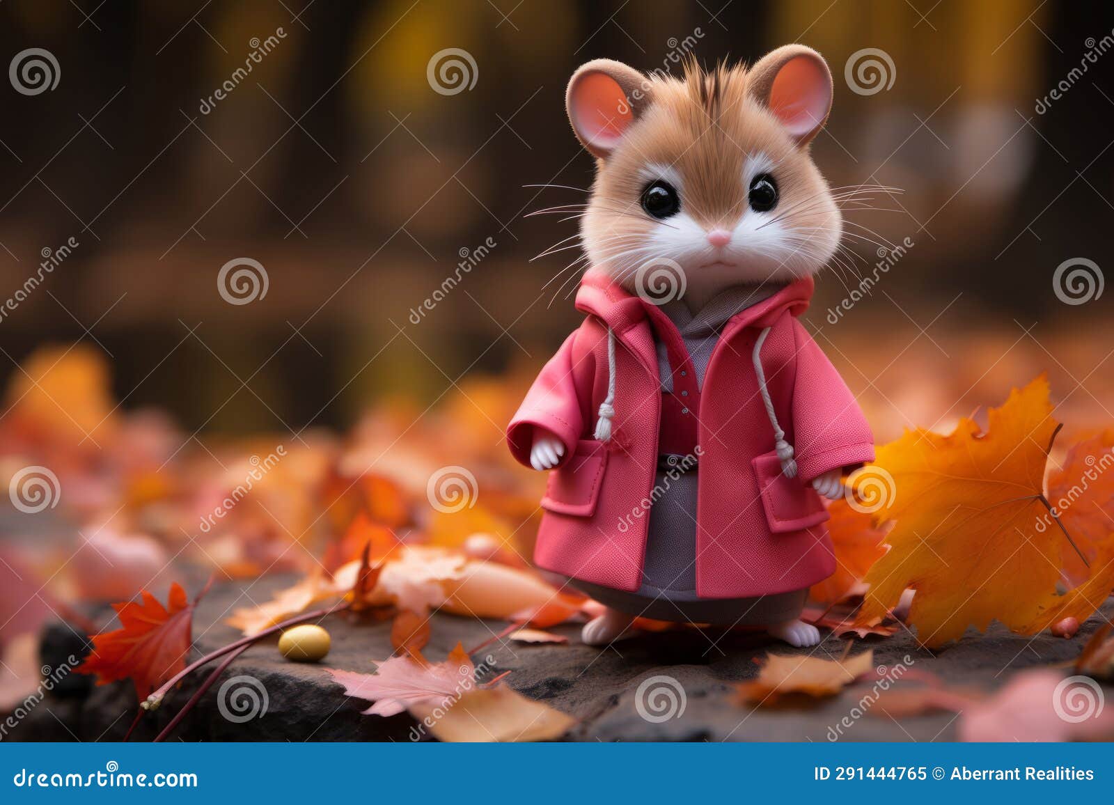 A Small Hamster in a Pink Coat Standing in the Fall Leaves Stock ...