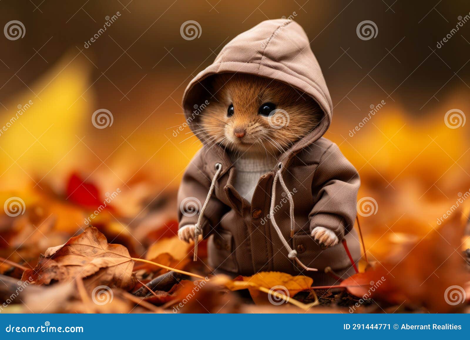 A Small Hamster Wearing a Hooded Jacket in the Fall Leaves Stock ...