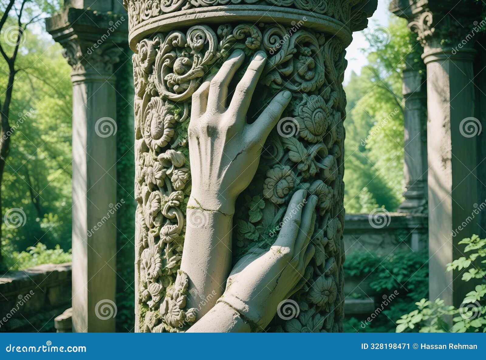 A Small Hand Sculpture Pillar with an Emeralds Background Stock ...