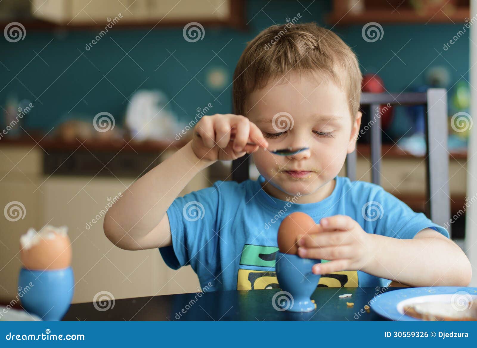 Small Happy Three Year Old Boy Breaks the Egg Stock Photo - Image of ...
