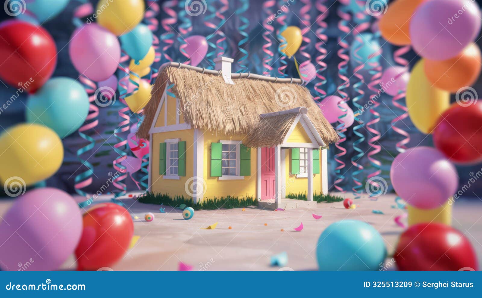 A Small House with Balloons and Streamers Around it, AI Stock Image ...