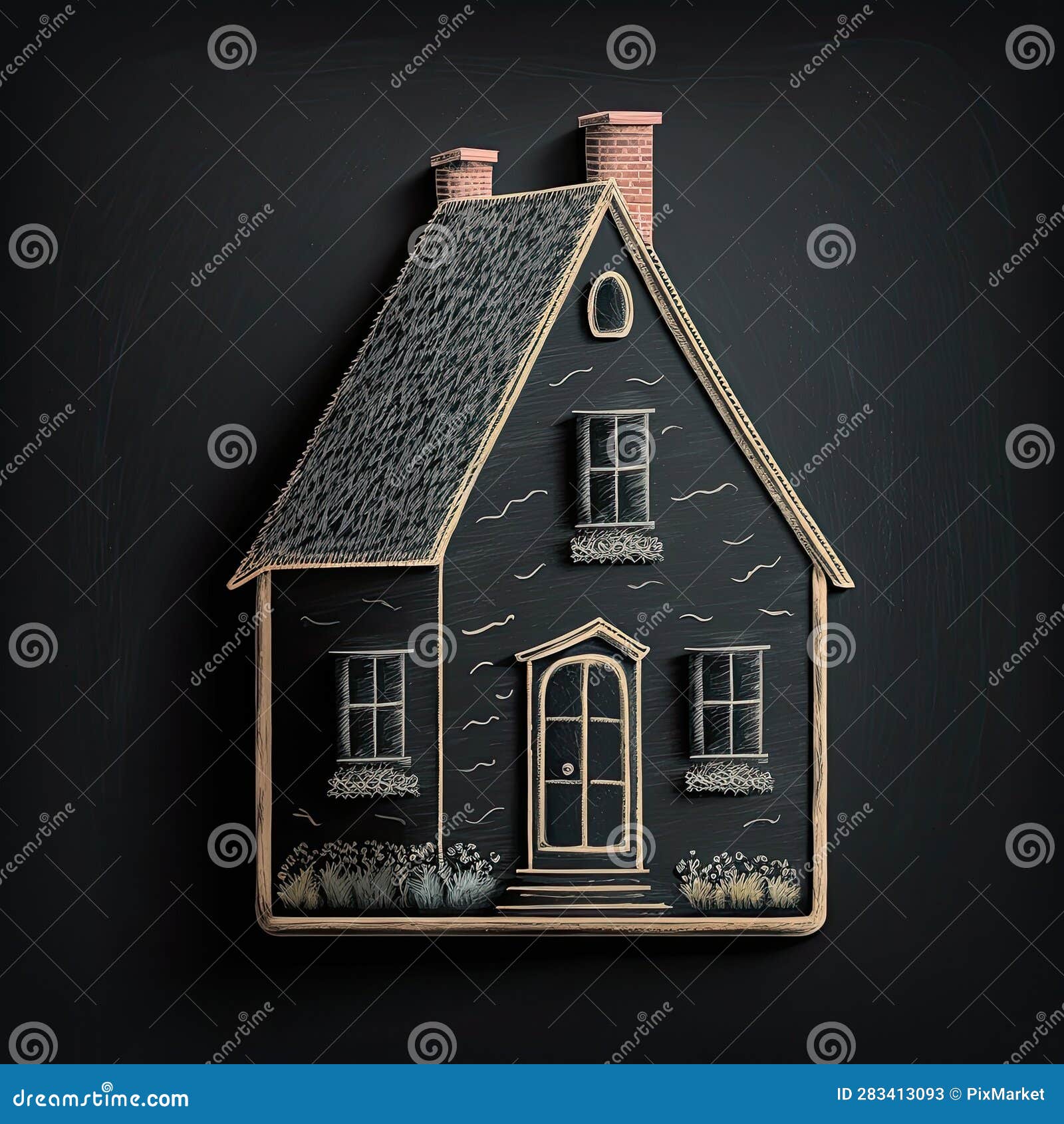 House, Chalk Drawing on Blackboard, Generative AI Stock Illustration ...