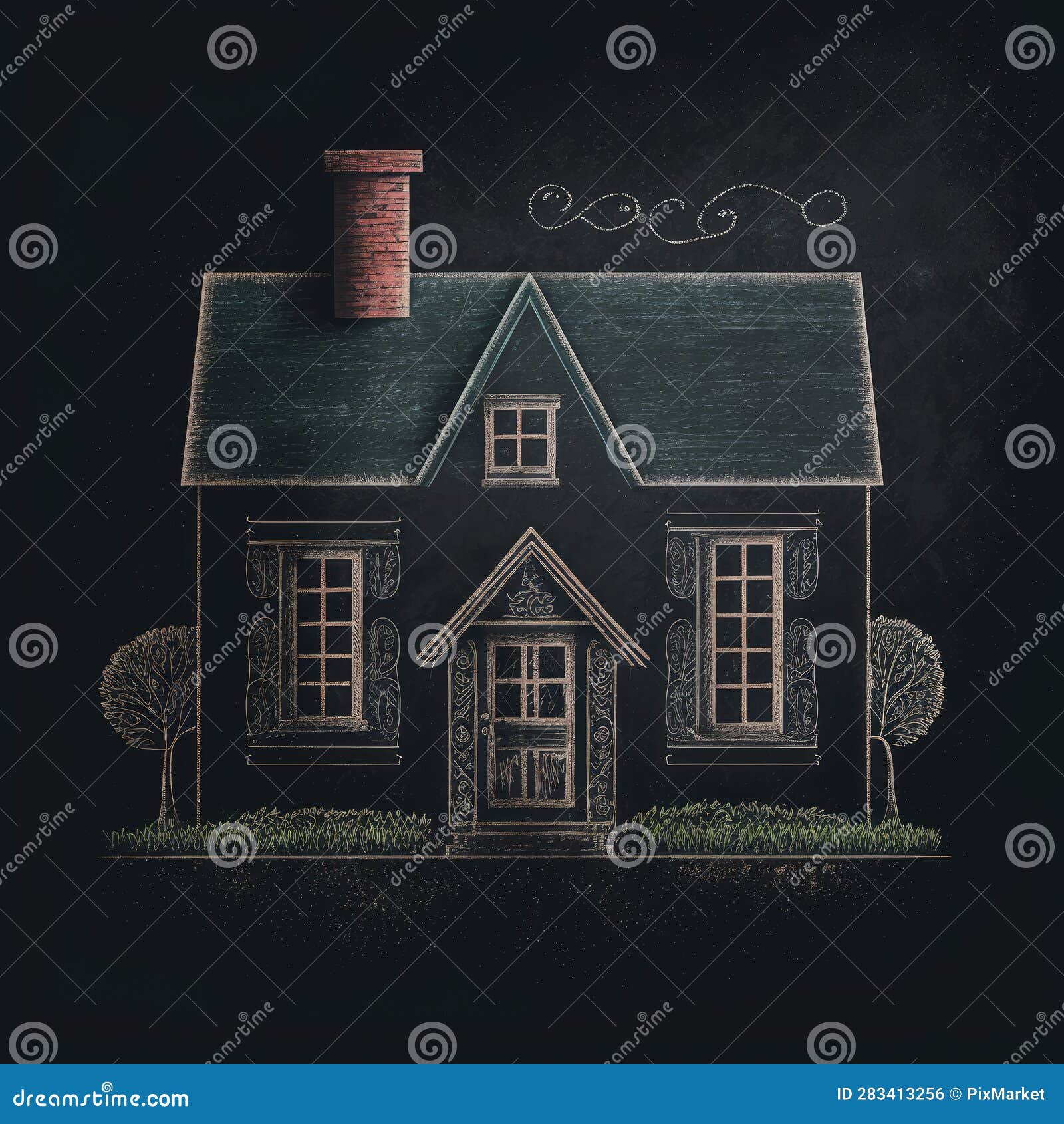 House, Chalk Drawing on Blackboard, Generative AI Stock Illustration ...
