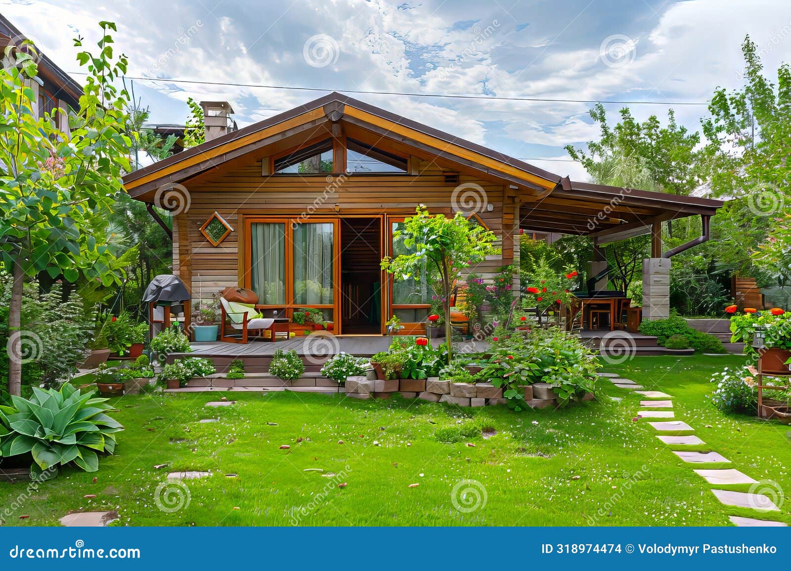 A Small House with a Garden and Patio Stock Photo - Image of lush ...