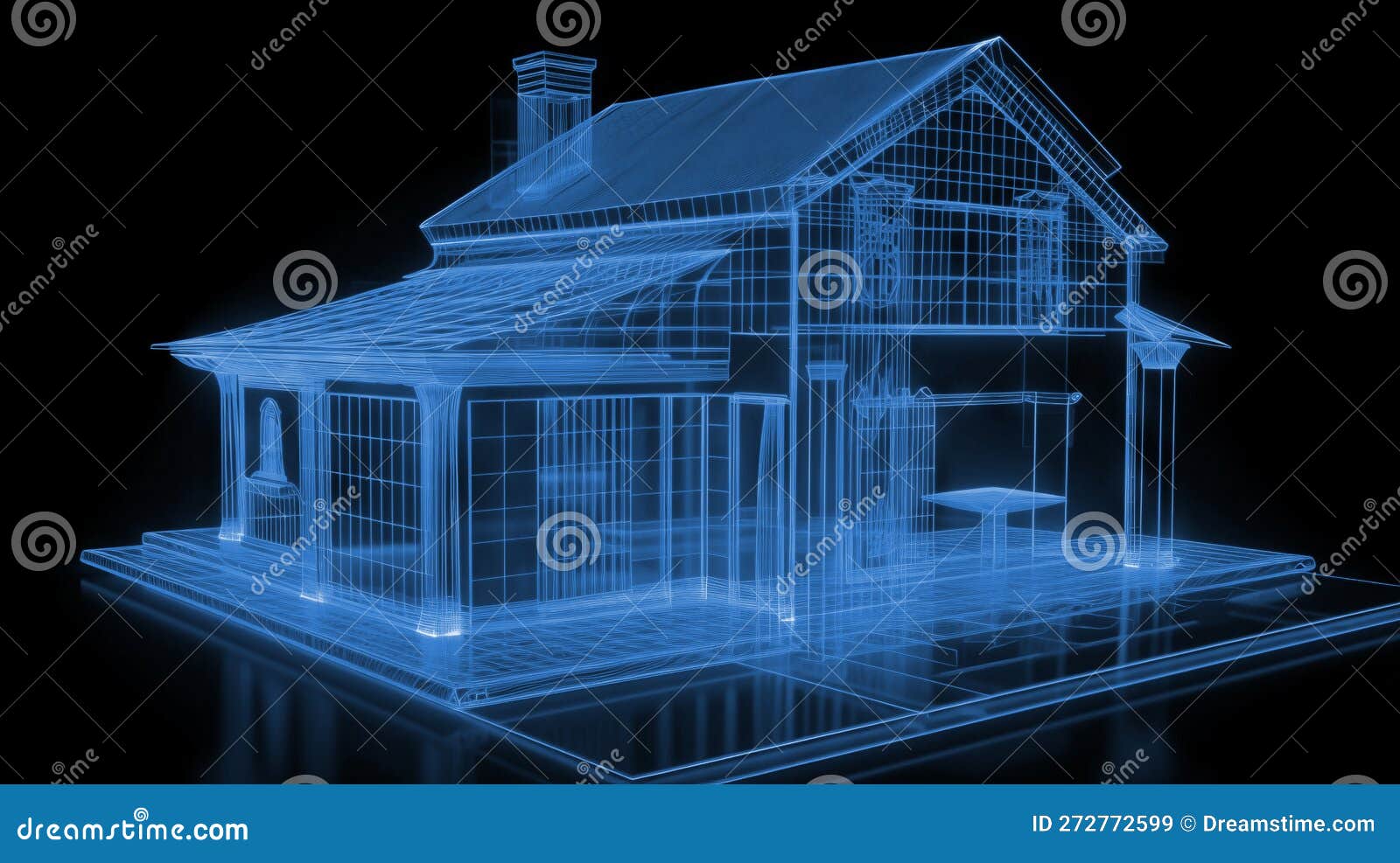 Small House in Glowing Wireframe: a Technical Illustration Stock ...