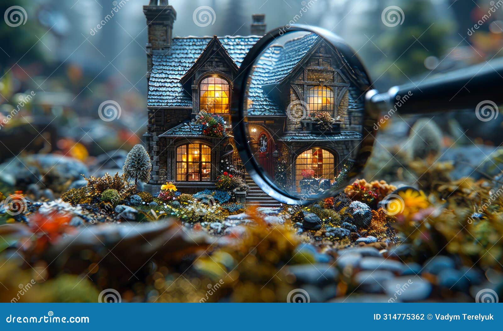 A Small House is Magnified through a Magnifying Glass Stock Photo ...