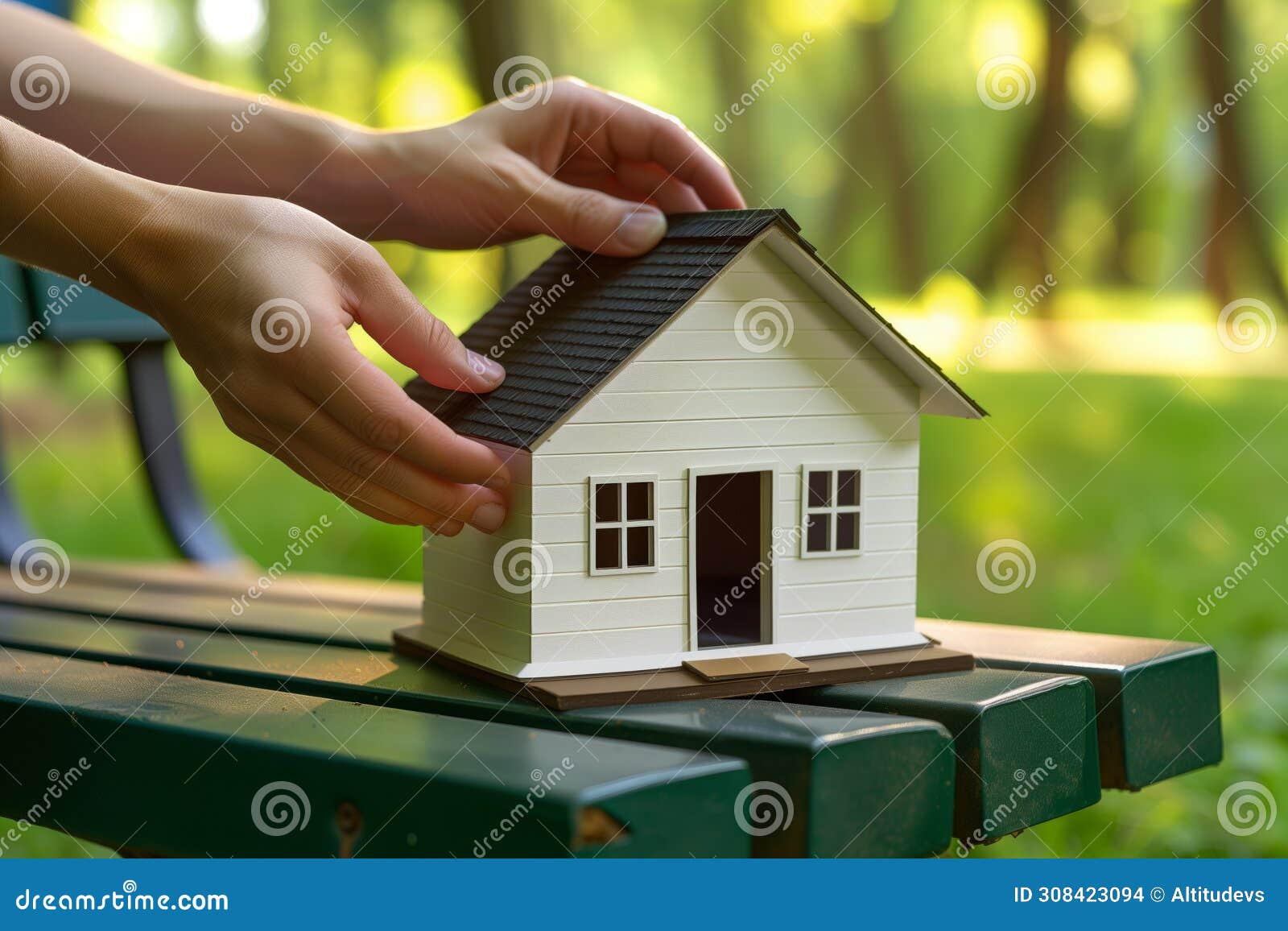 Small House Model on a Park Bench, Hands Adjusting Its Roof Stock Photo ...