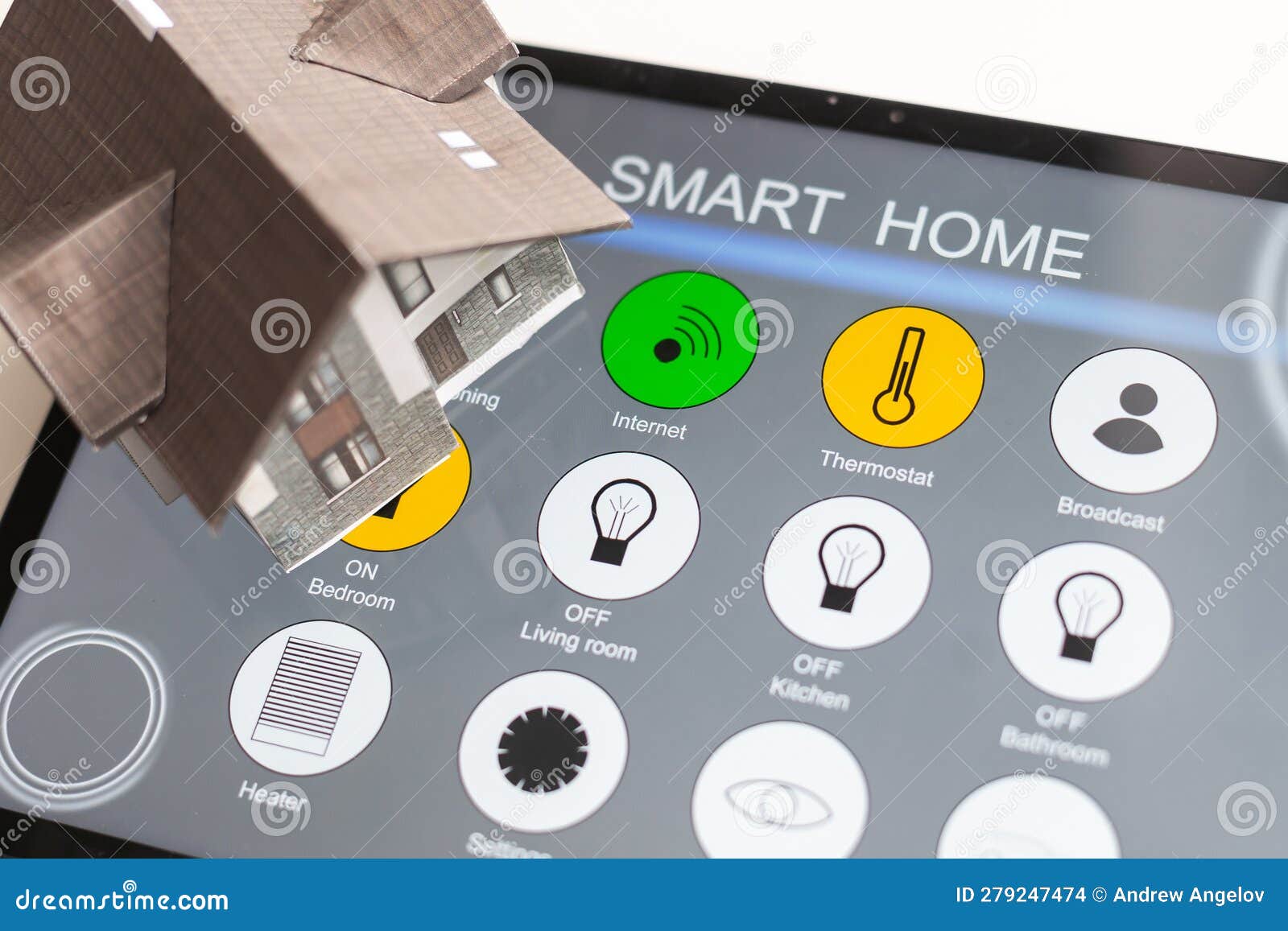 Small House Model is on Screen Tablet and Icons Home Electronics ...