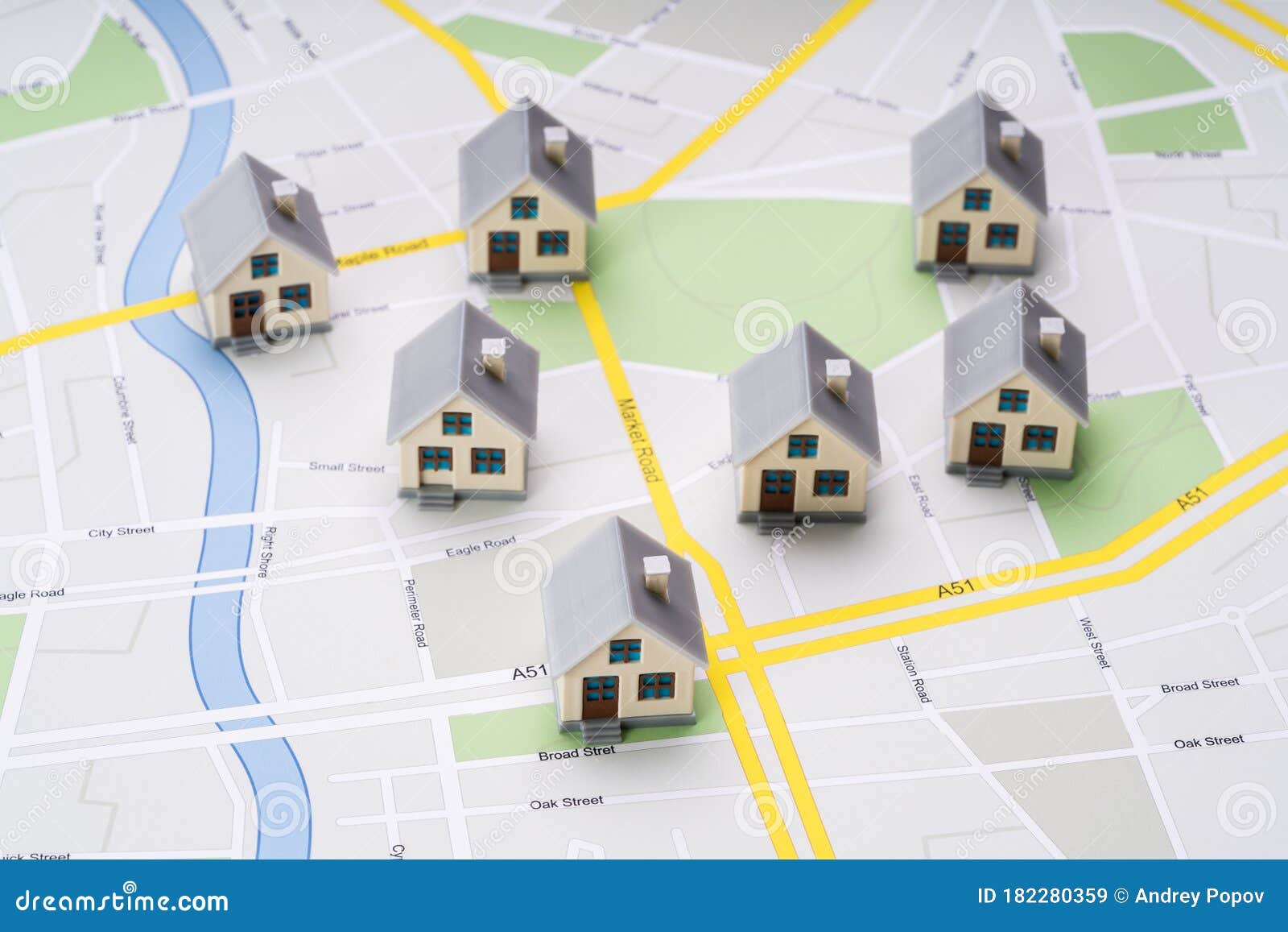 Small House Models on Map stock image. Image of direction - 182280359