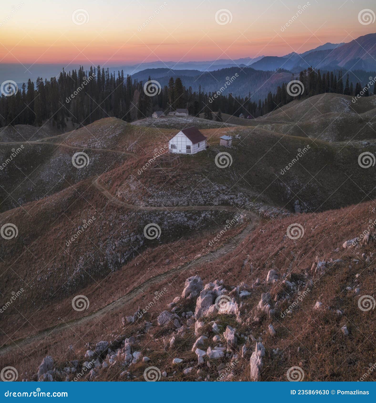 Small House in the Mountains at Sunset in Autumn Stock Photo - Image of ...